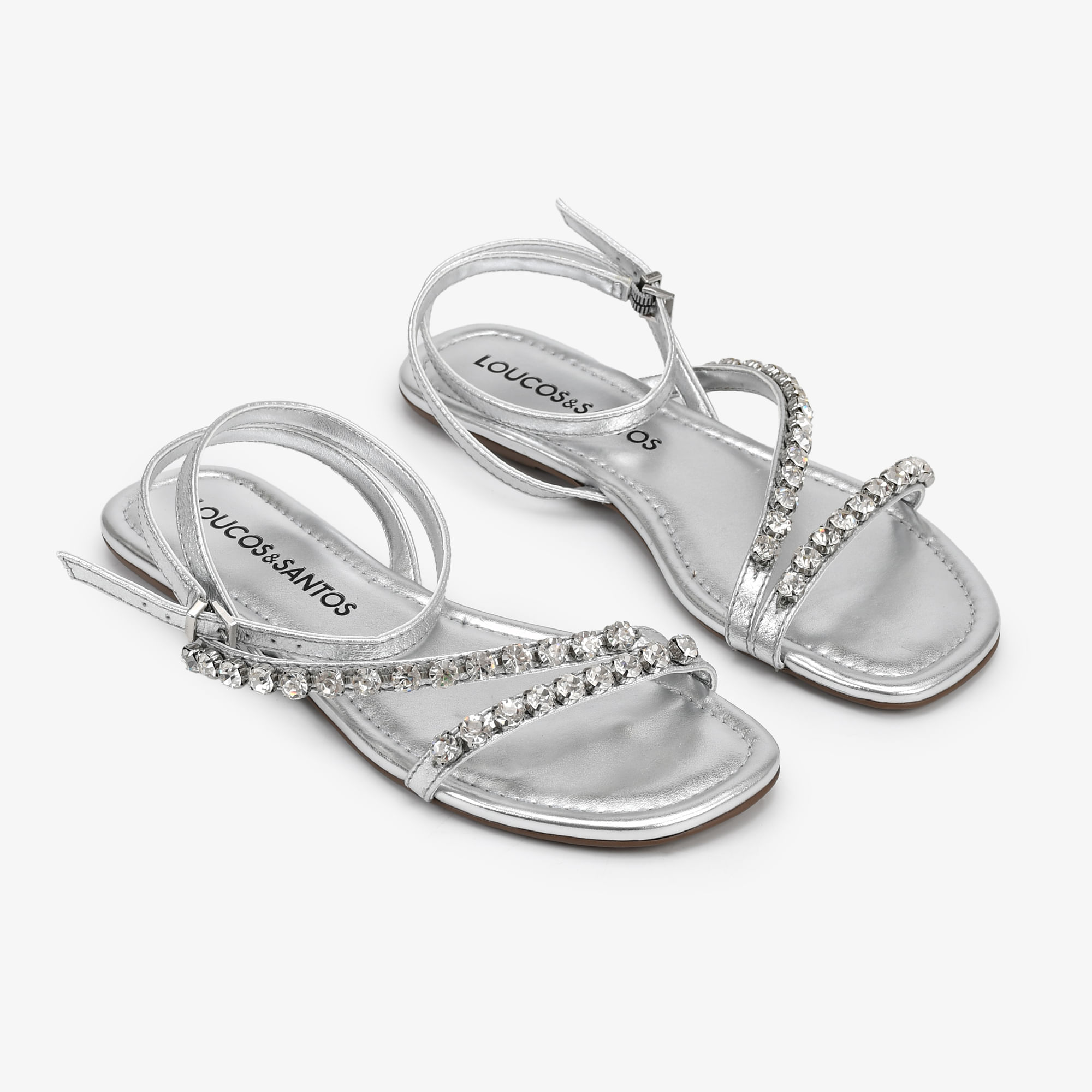 Rasteira Prata Tiras Pedrarias Couro Metalizado